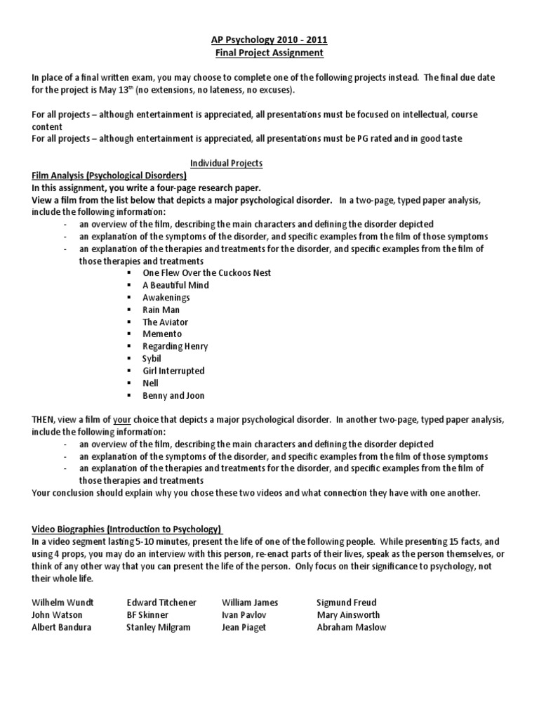 AP Psychology Final Project Options | PDF | Psychology | Mental Disorder