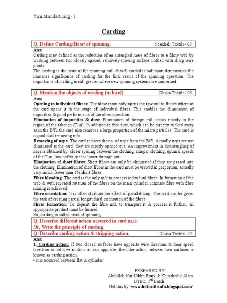 Carding: Q. Define Carding/Heart of Spinning | PDF | Textiles | Wire