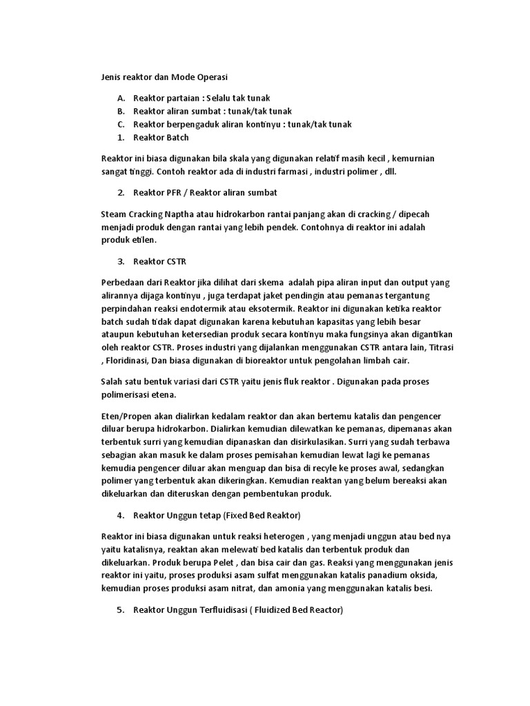 Jenis Reaktor Dan Mode Operasi | PDF