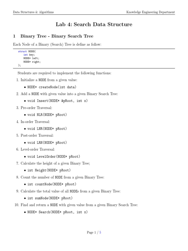 Lab 4: Search Data Structure: 1 Binary Tree - Binary Search Tree | PDF | Computer Programming ...
