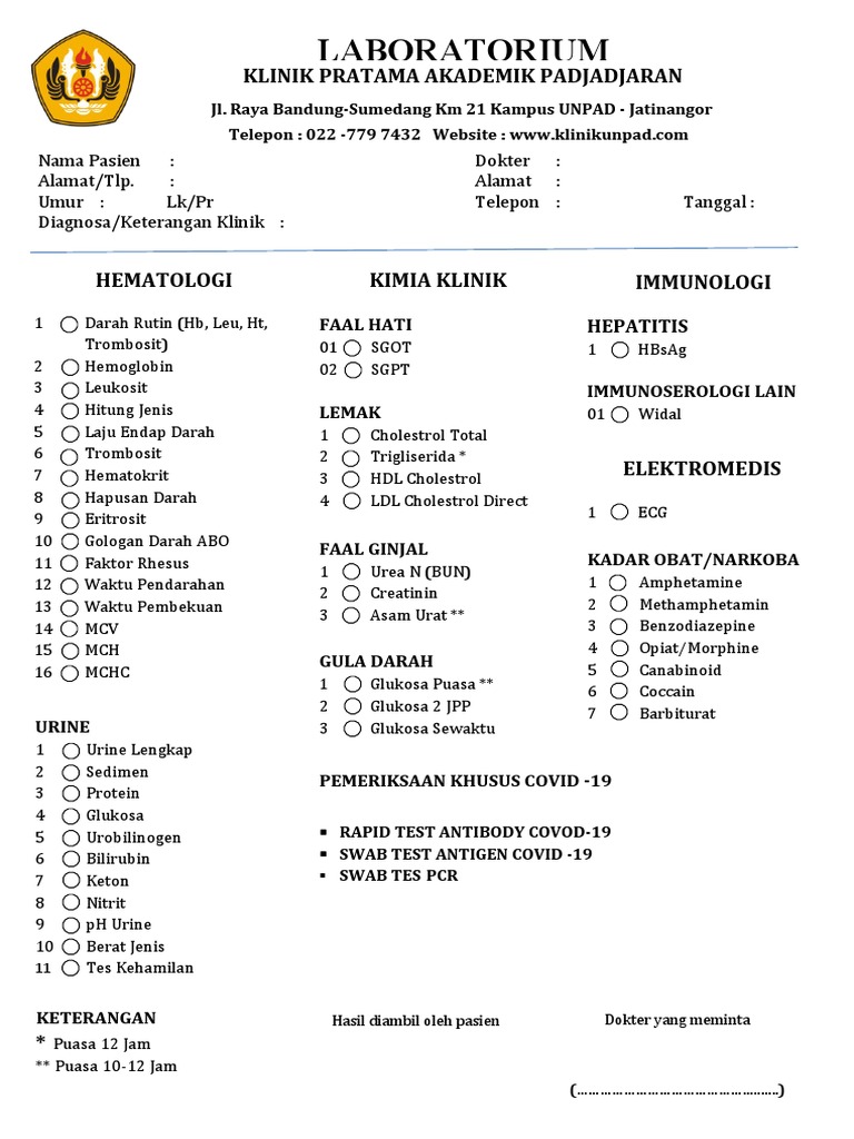 Formulir LAB Klinik Jatinangor No Fill | PDF