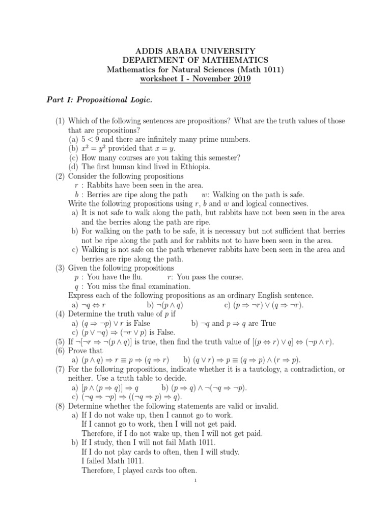 Worksheet 1 Math | PDF | Proposition | Truth
