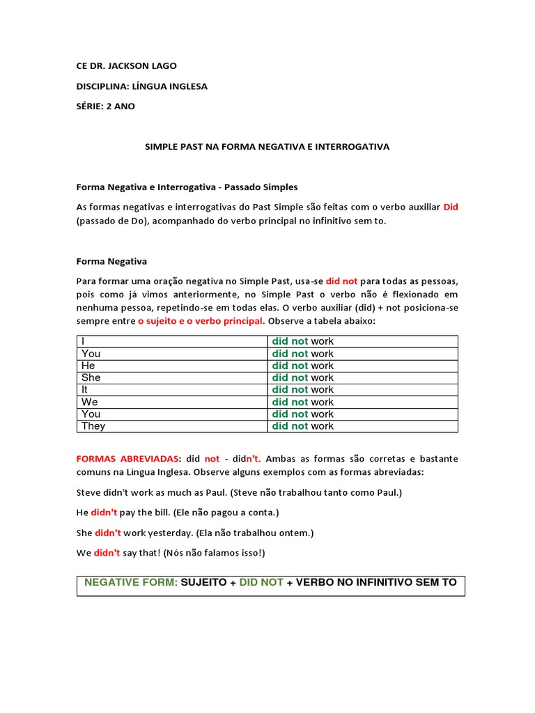 Formas Negativa e Interrogativa do Simple Past em Inglês | PDF ...