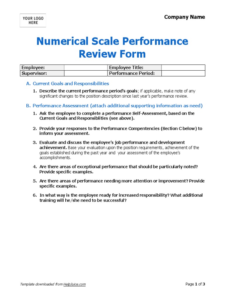 Numerical Scale Performance Review Form: Employee: Employee Title ...