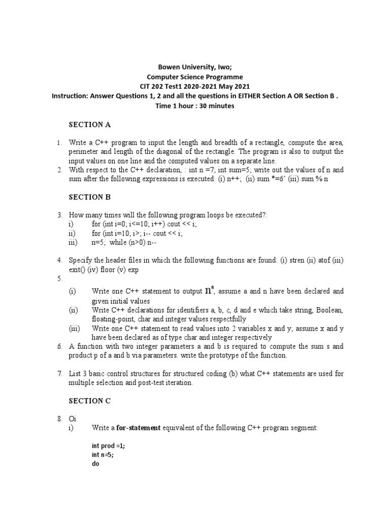 Cit 202 Test1 2020 2021 Pdf Parameter Computer Programming Integer Computer Science