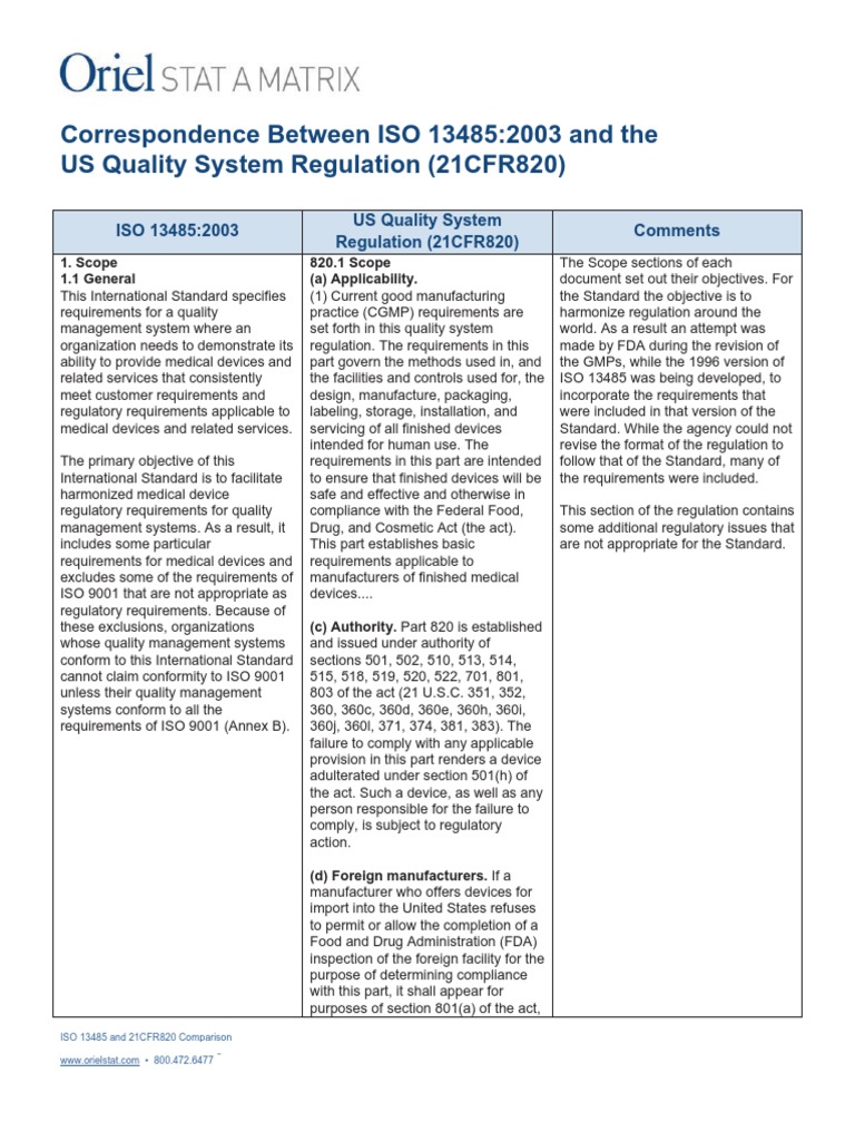 Comparison Matrix ISO 13485 To 21CFR820 R4 | PDF | Quality Management ...