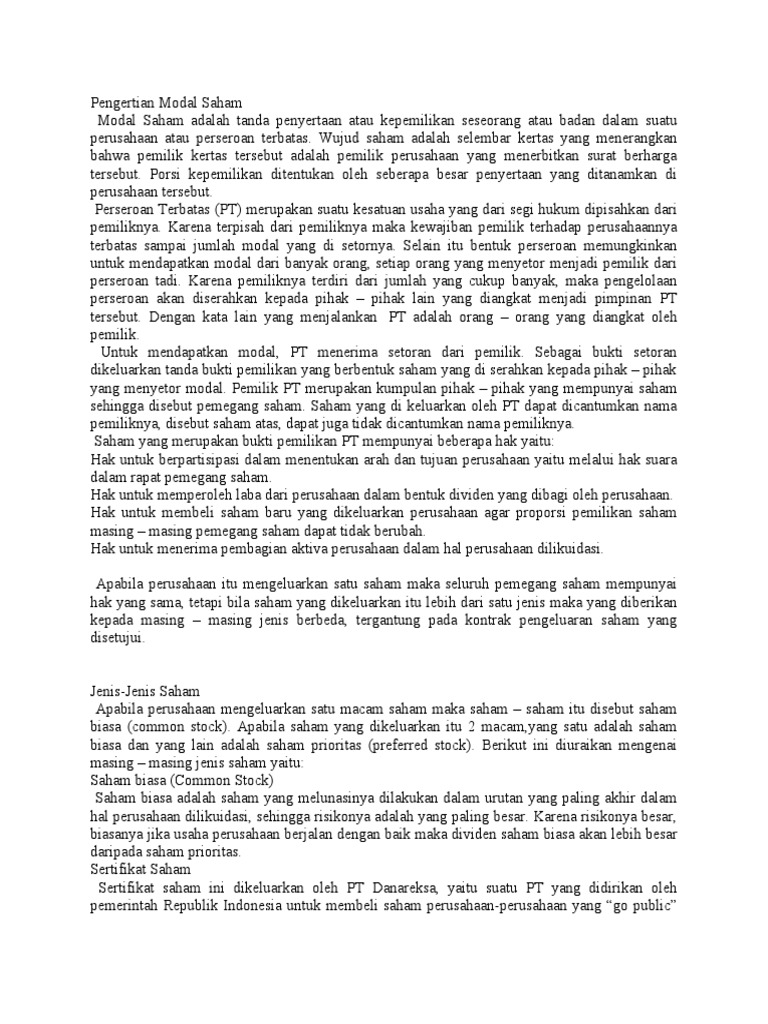Pengertian Modal Saham | PDF | Pengelolaan Keuangan & Uang