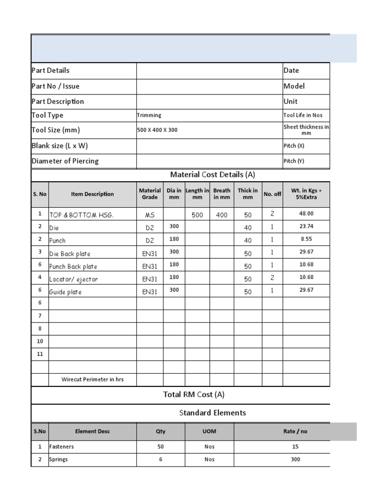 Costing Format - Press Tool | PDF | Machining | Tools