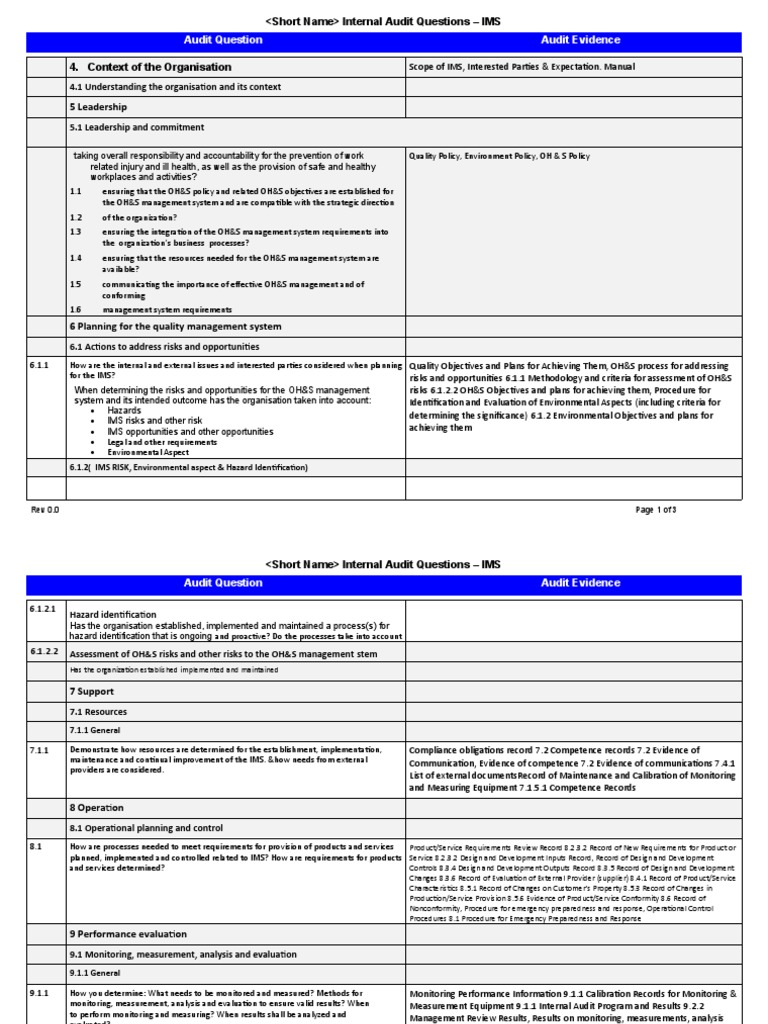 Internal Audit Checklist IMS | PDF | Audit | Internal Audit
