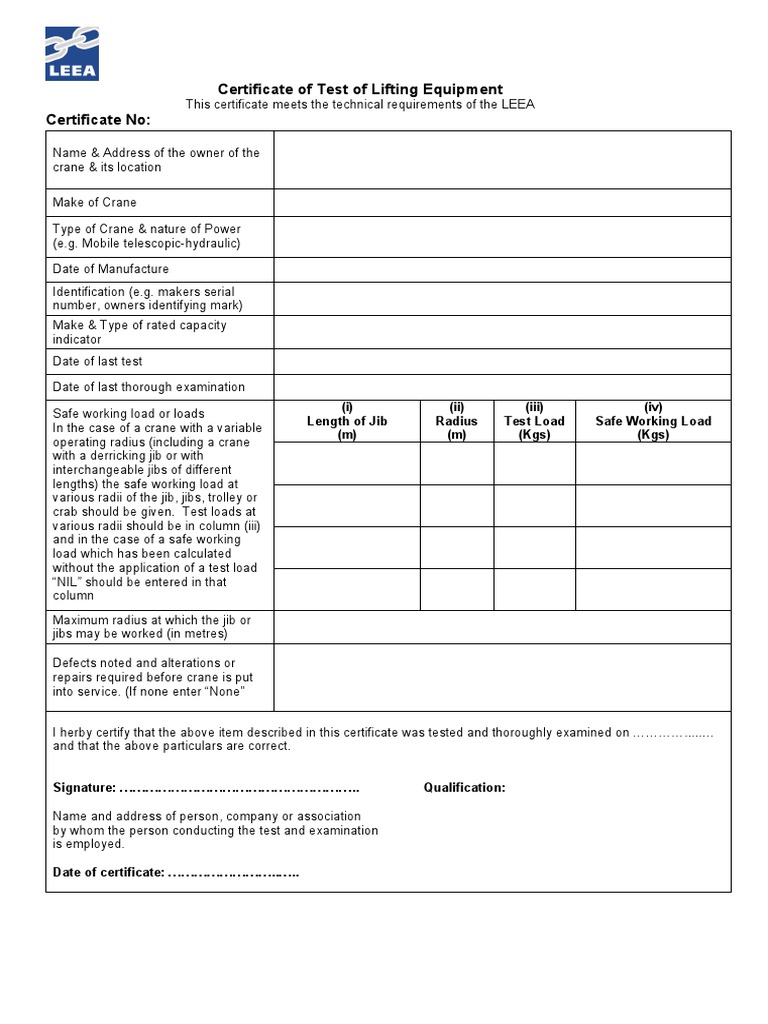 Certificate of Test of Lifting Equipment Certificate No | PDF