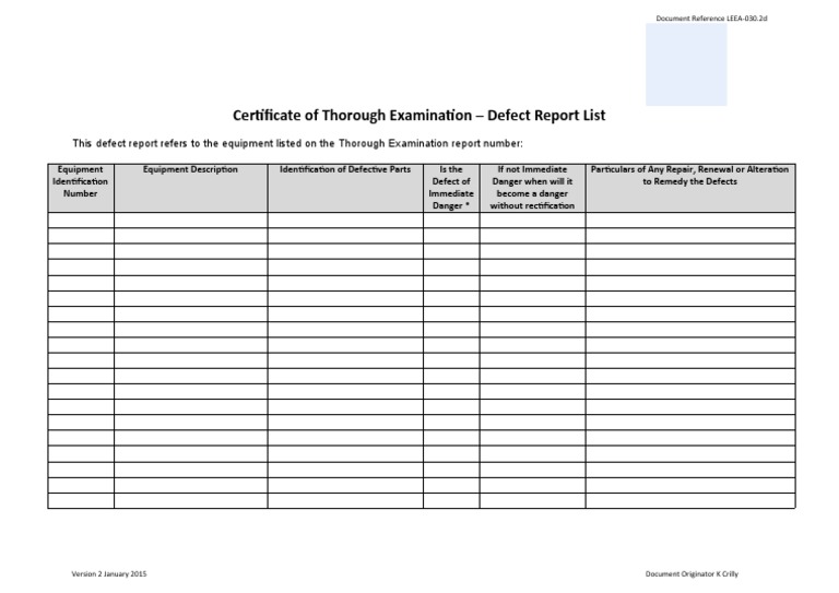 LEEA-030.2d Certificate of Through Examination-Defect Report List (USA ...