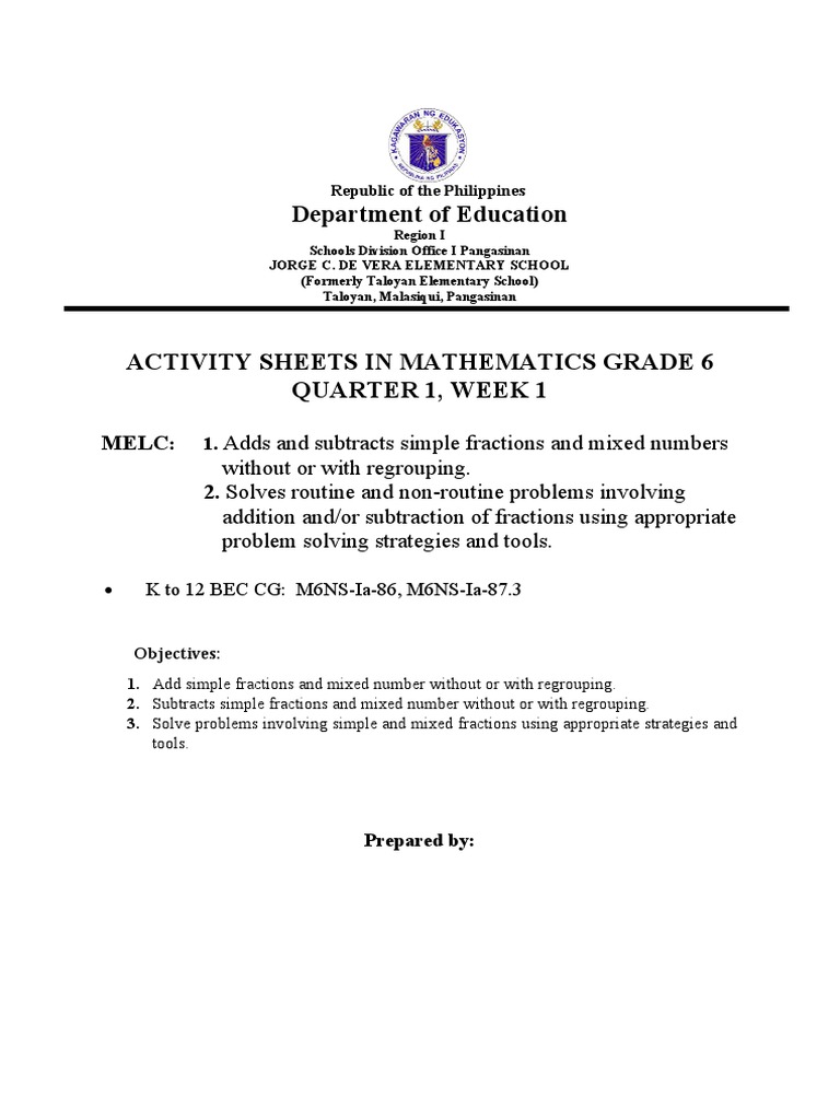 Mathematics G6 Activity Sheets Q1 W1 | PDF | Foods
