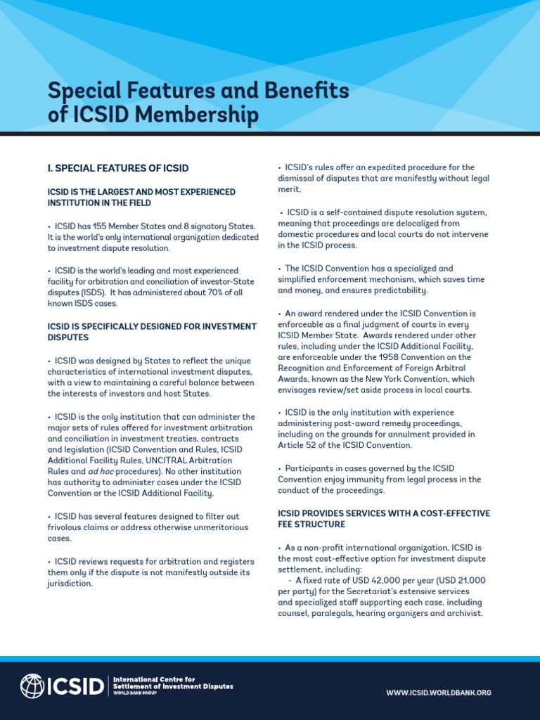Special Features and Benefits of ICSID Membership | PDF | Arbitration ...
