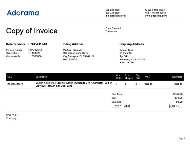 Invoice: Order Number: 26158490-01 Billing Address Shipping Address | PDF