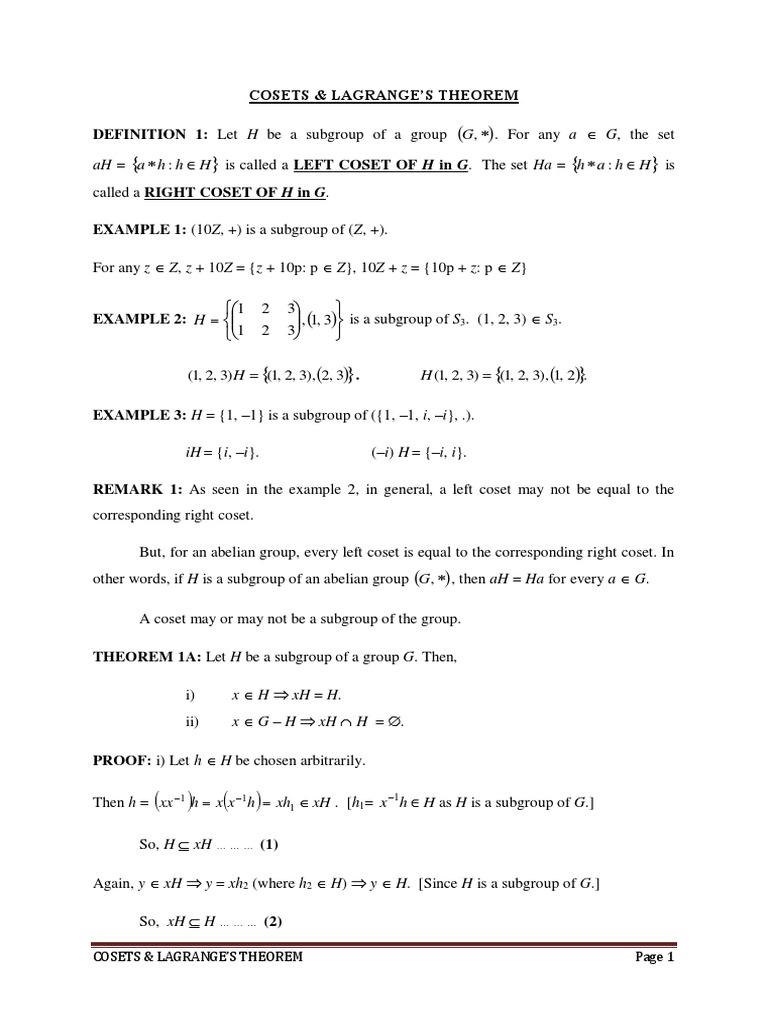 Cosets & Lagrange's Theorem | PDF | Abstract Algebra | Algebra Cosets & Lagrange's Theorem | PDF | Abstract Algebra | Algebra