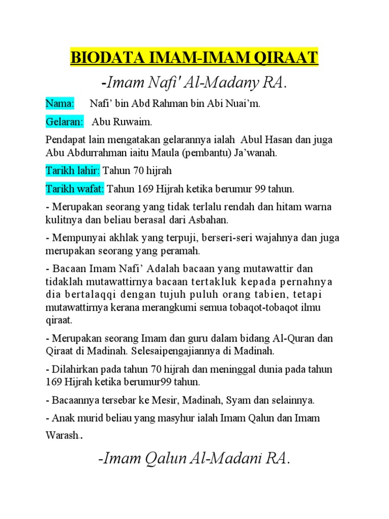 Biodata Imam Nafi' Qalun Warsy | PDF
