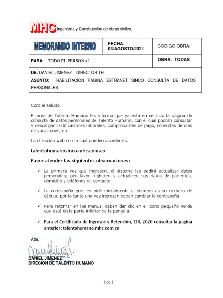 055 - Habilitacion Pagina Extranet Sinco Consulta de Datos Personales | PDF