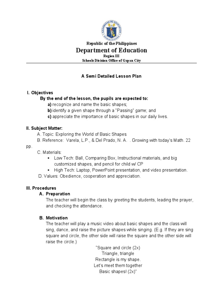 Semi Detailed Lesson Plan: Basic Shapes | PDF | Teachers | Lesson Plan
