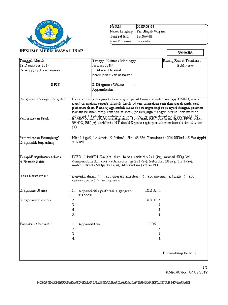 Resume Medis Rawat Inap | PDF