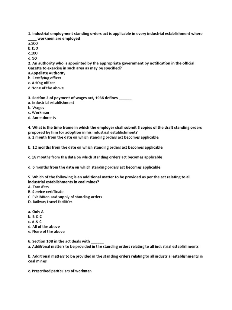 Industrial Employment Standing Order Act 1946 MCQ | PDF | Employment ...