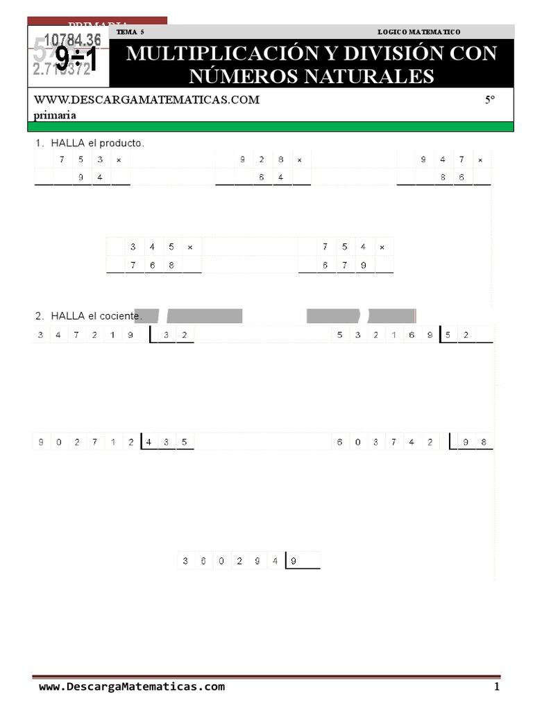 05 Multiplicación y División de Números Quinto de Primaria | PDF