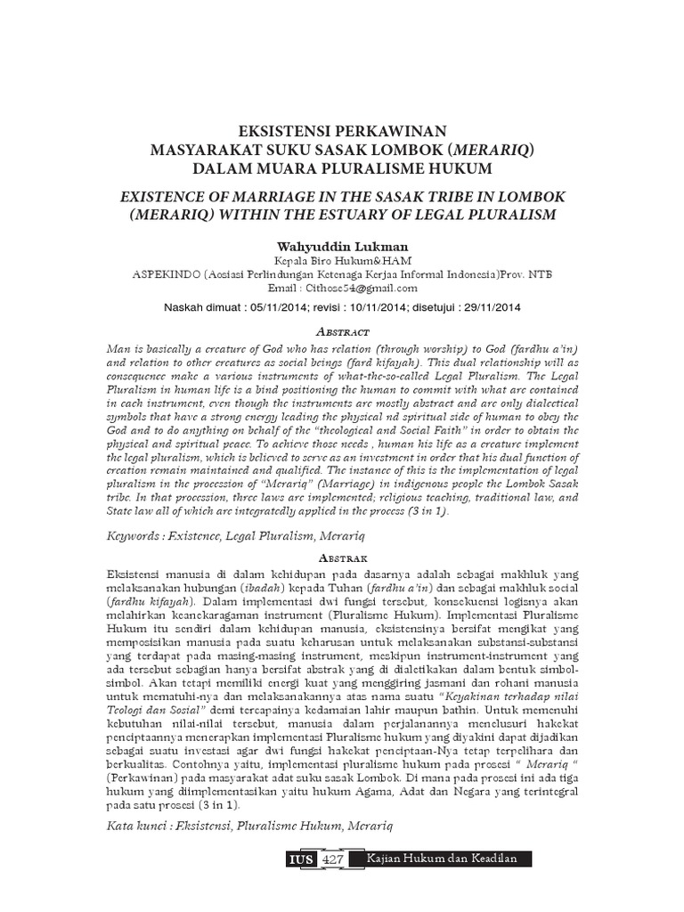 Eksistensi Perkawinan Masyarakat Suku Sasak Lombok Merariq Dalam Muara ...