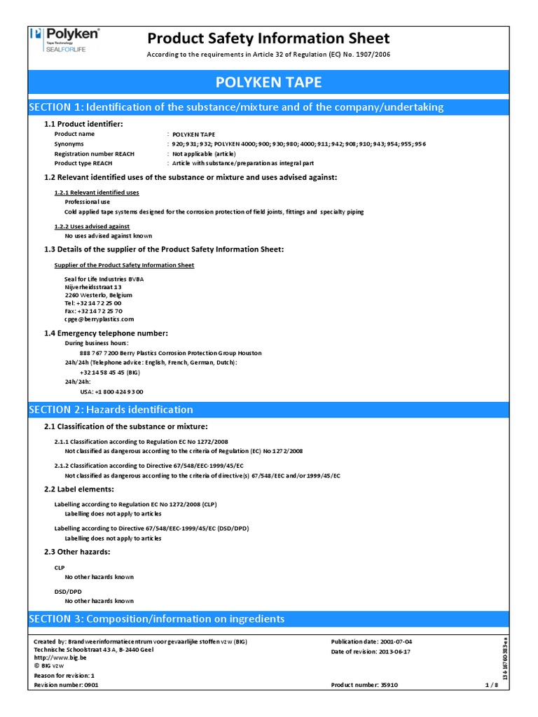 Product Safety Information Sheet: Polyken Tape | PDF | Dangerous Goods ...