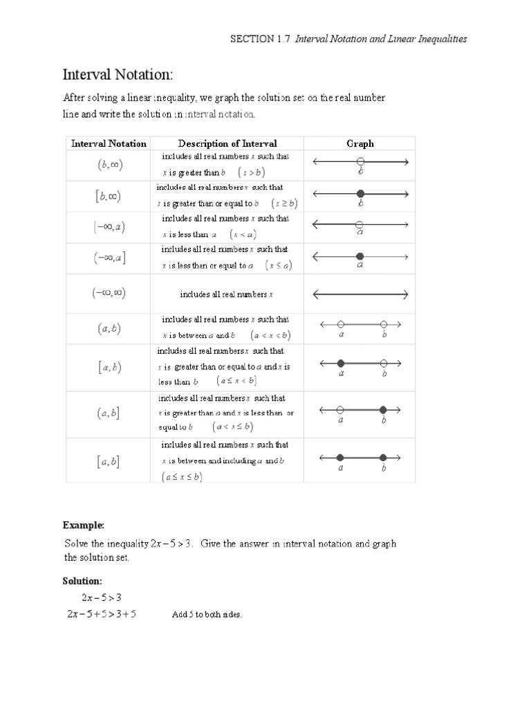 SECTION 1.7 Interval Notation and Linear Inequalities | PDF ...