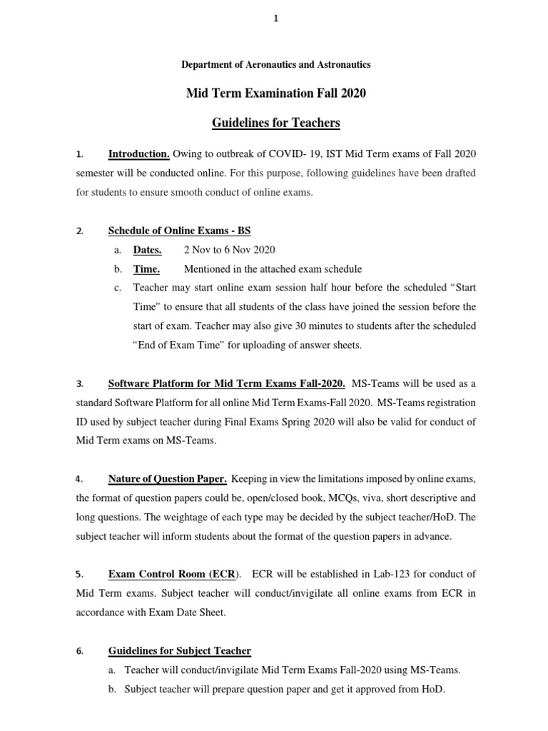 Mid Term Exam Fall 2020 Guidelines For Teachers | PDF | Test (Assessment)