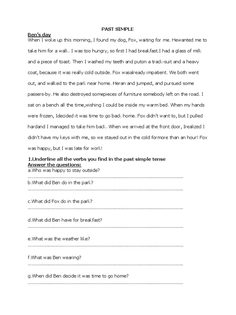 Bens Day Past Simple Reading Comprehension Exercises | PDF