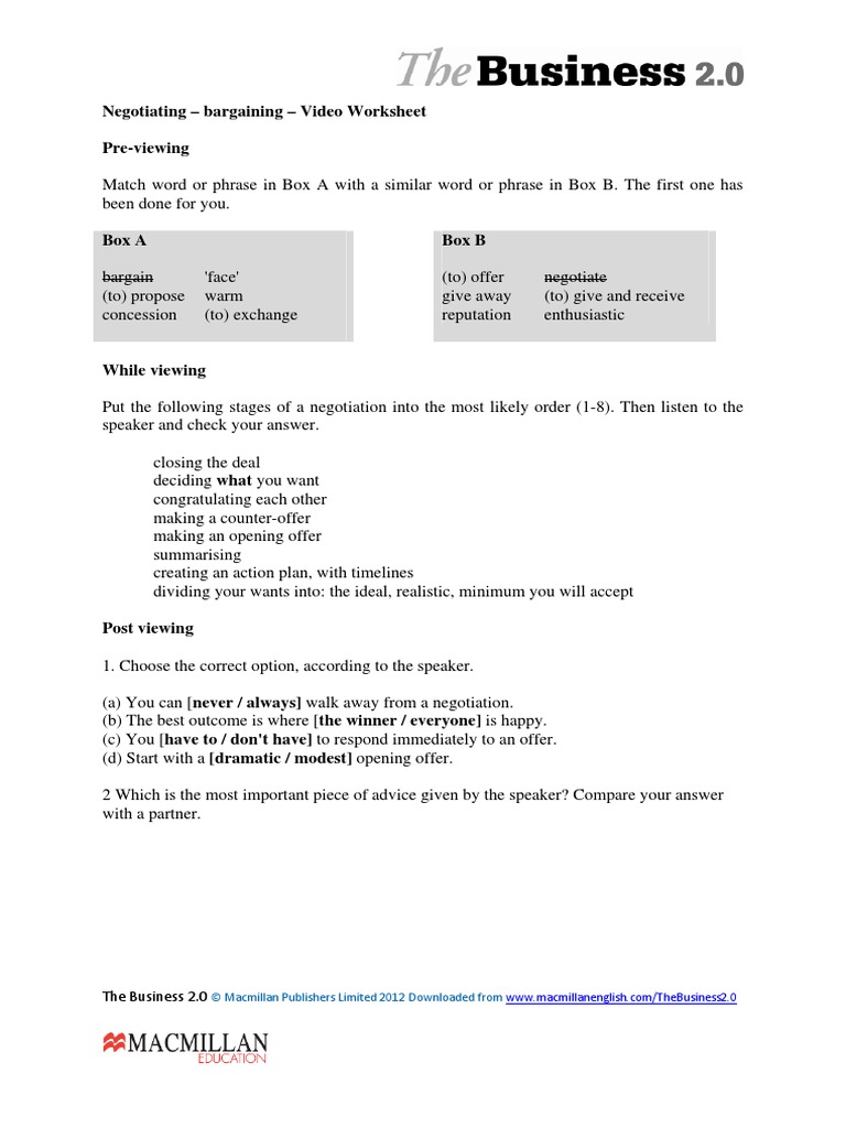 Negotiating - Bargaining - Video Worksheet Pre-Viewing: The Business 2.0 | PDF