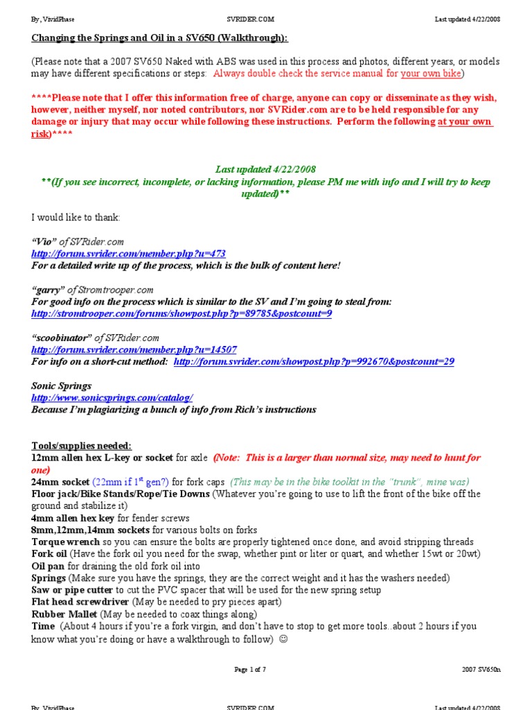 Changing The Springs and Oil in A SV650 | PDF | Screw | Automotive ...