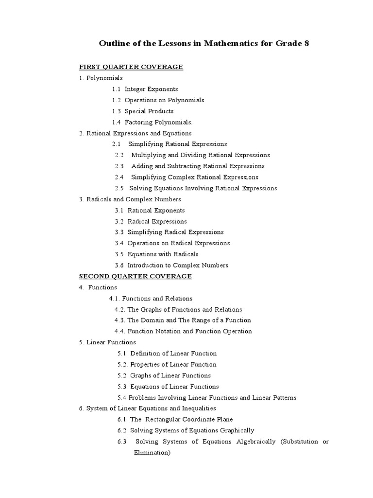 Outline of The Lessons in Mathematics For Grade 8: First Quarter ...