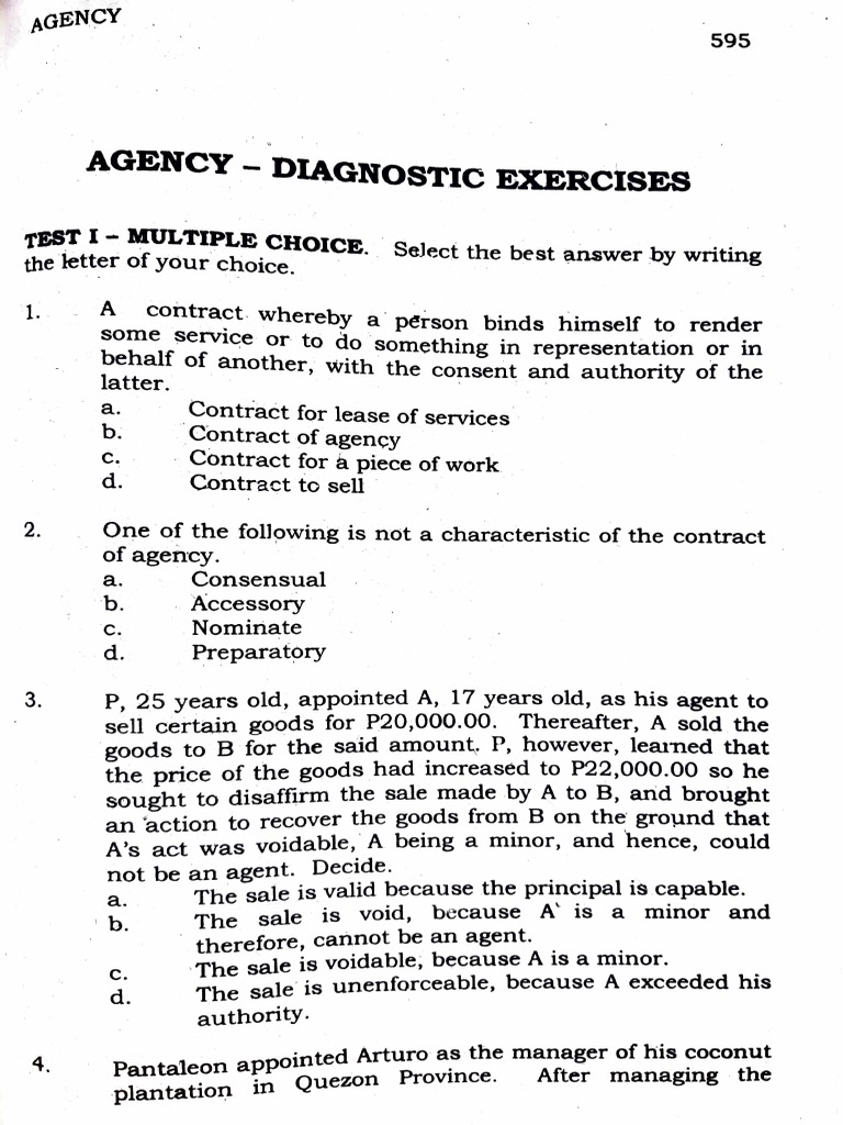 Agency Law Diagnostic Exercises | PDF | Law Of Agency | Legal Concepts