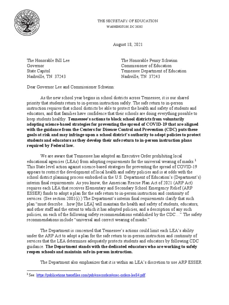 Cardona Letter To Lee | PDF | Centers For Disease Control And ...
