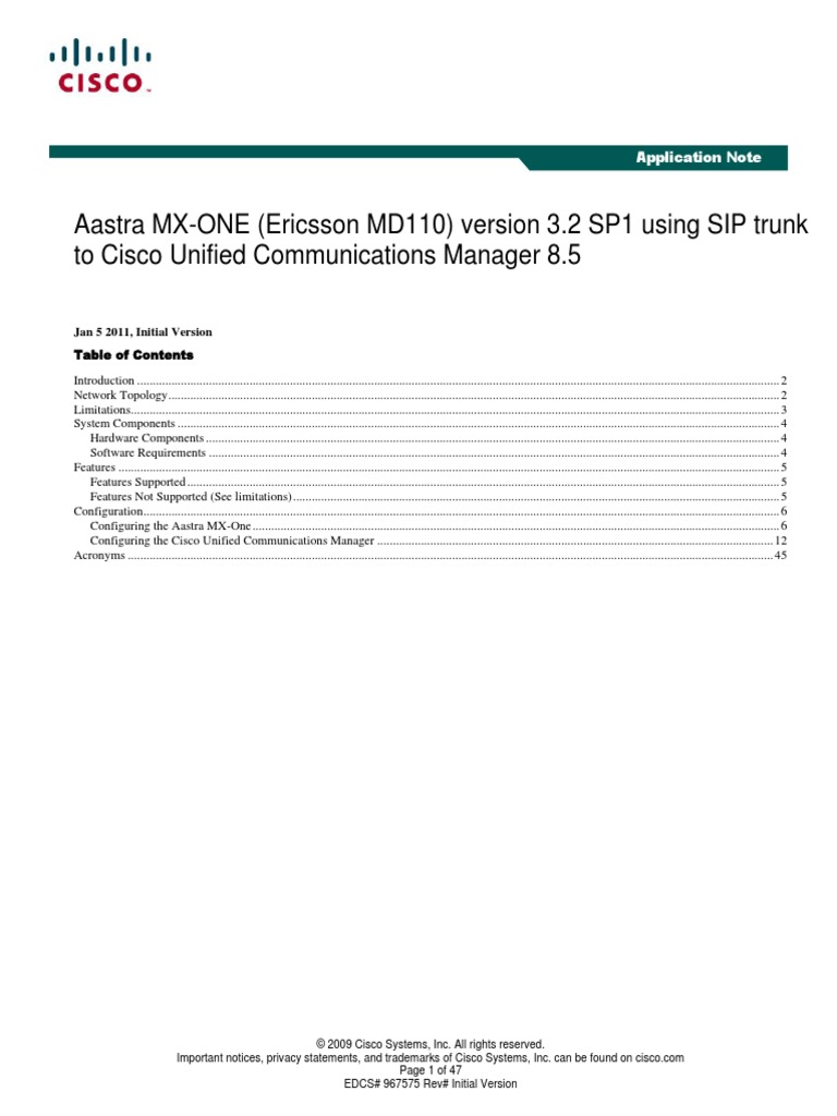 Aastra MX-ONE (Ericsson MD110) Version 3.2 SP1 Using SIP Trunk To Cisco Unified Communications ...