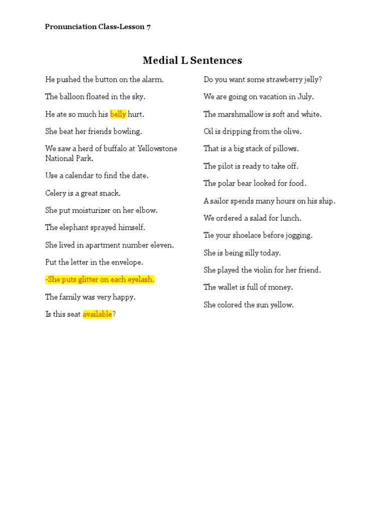 Medial L Sentences: Belly | PDF