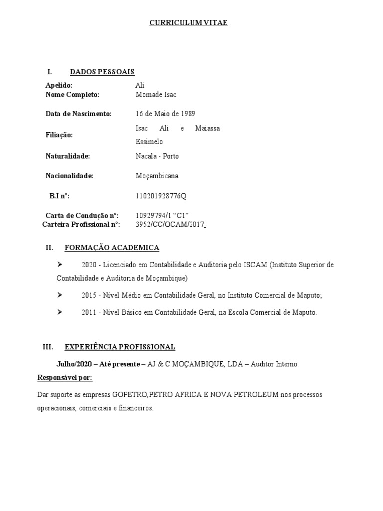 Curriculum Vitae - PT | PDF | Contabilidade | Moçambique