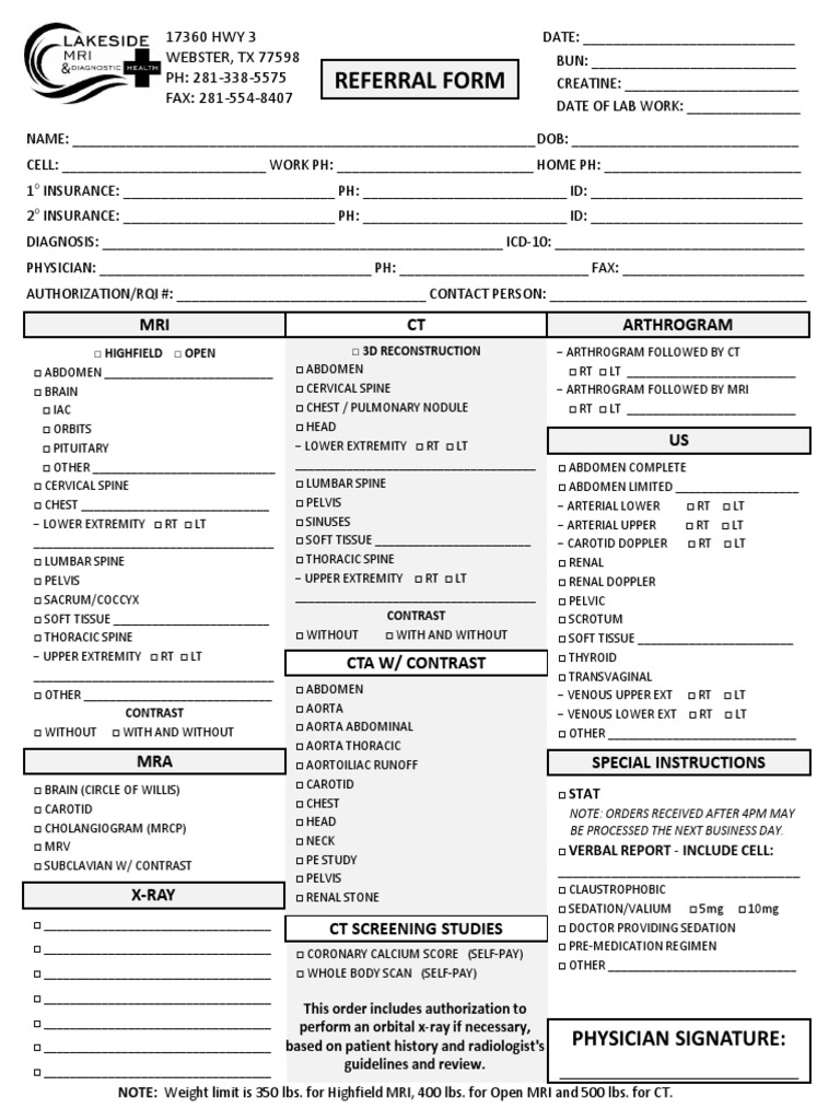 MRI Order Form for Lakeside Imaging | PDF | Vertebral Column | Magnetic ...