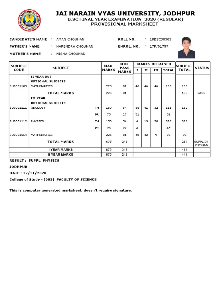 Jai Narain Vyas University, Jodhpur: Provisional Marksheet | PDF