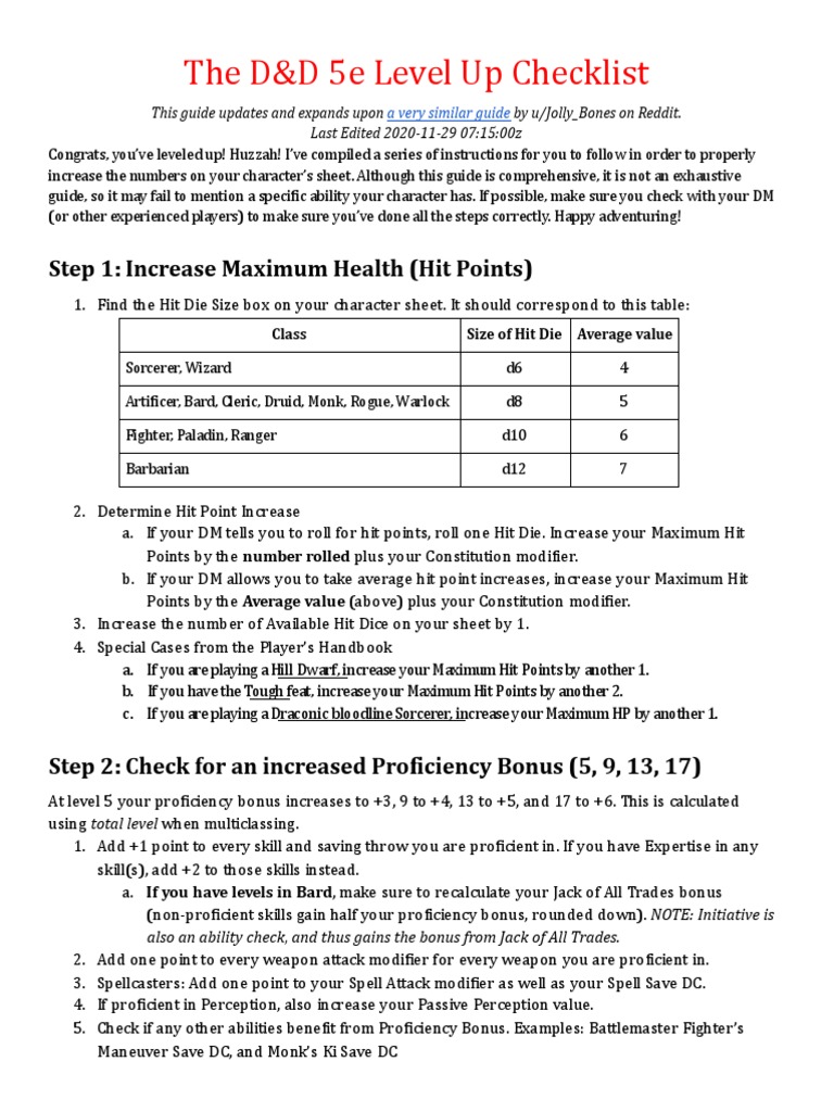 The DD 5e Level Up Checklist | PDF | Fantasy | Gary Gygax Games