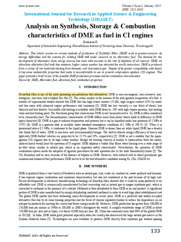 Analysis On Synthesis, Storage & Combustion Characteristics of DME As ...