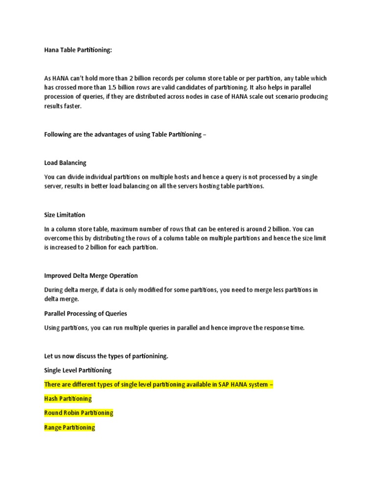 Hana Table Partitioning | PDF | Table (Database) | Load Balancing (Computing)