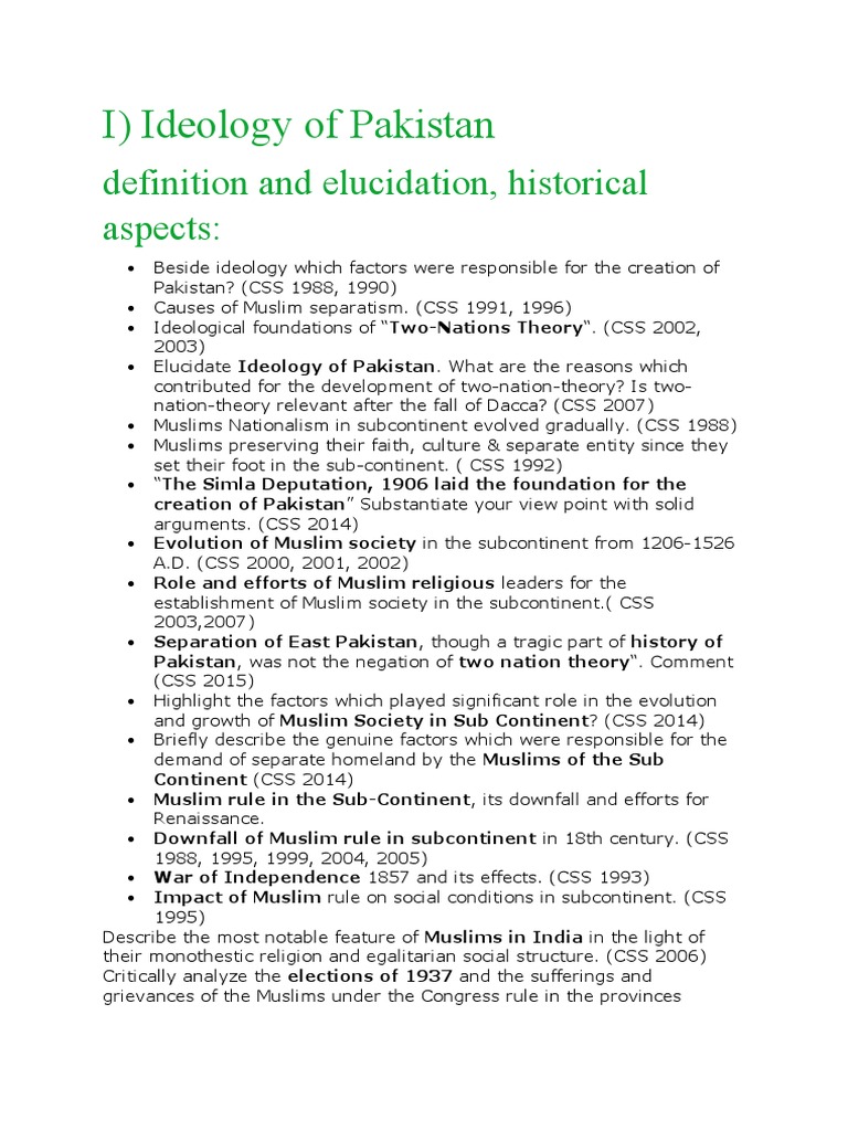 I) Ideology of Pakistan: Definition and Elucidation, Historical Aspects ...