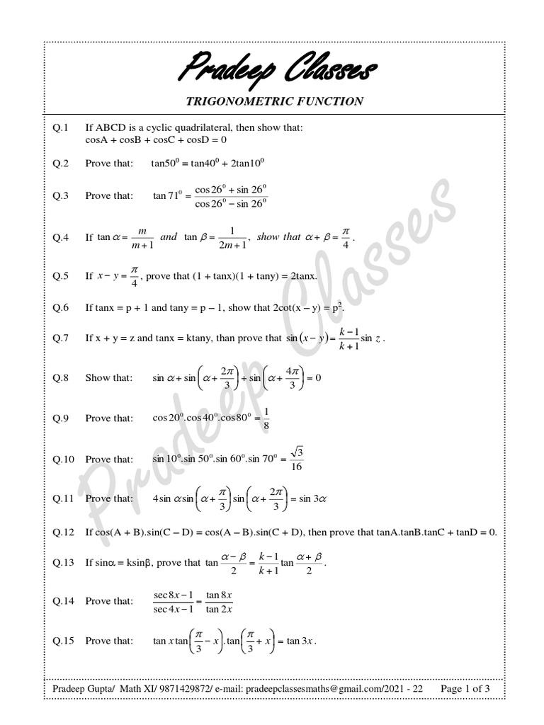 XI Assignment Trigo. Function | Descargar gratis PDF | Sine | Trigonometric Functions