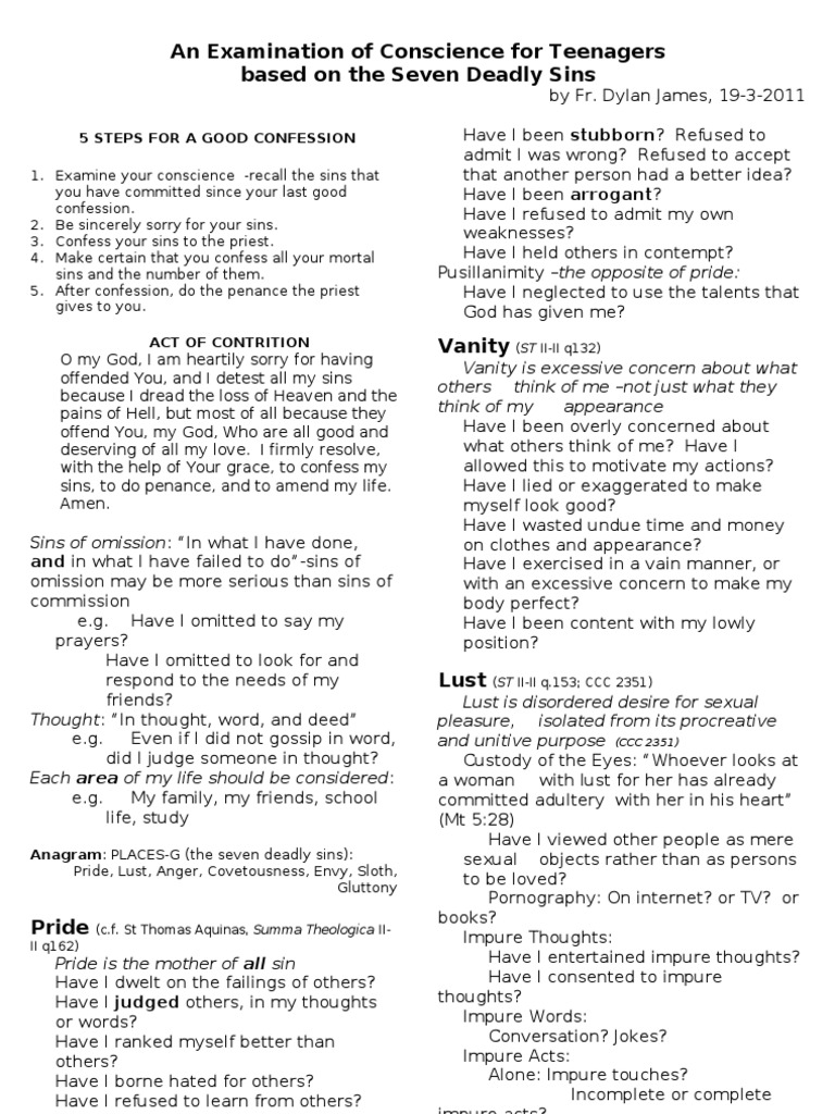 Examination of Conscience for Teenagers 2011 | Seven Deadly Sins | Lust