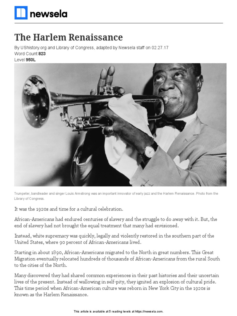 The Harlem Renaissance: Word Count 823 Level 950L | PDF | Harlem ...