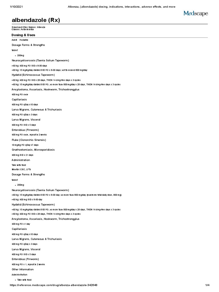 Albenza, (Albendazole) Dosing, Indications, Interactions, Adverse ...