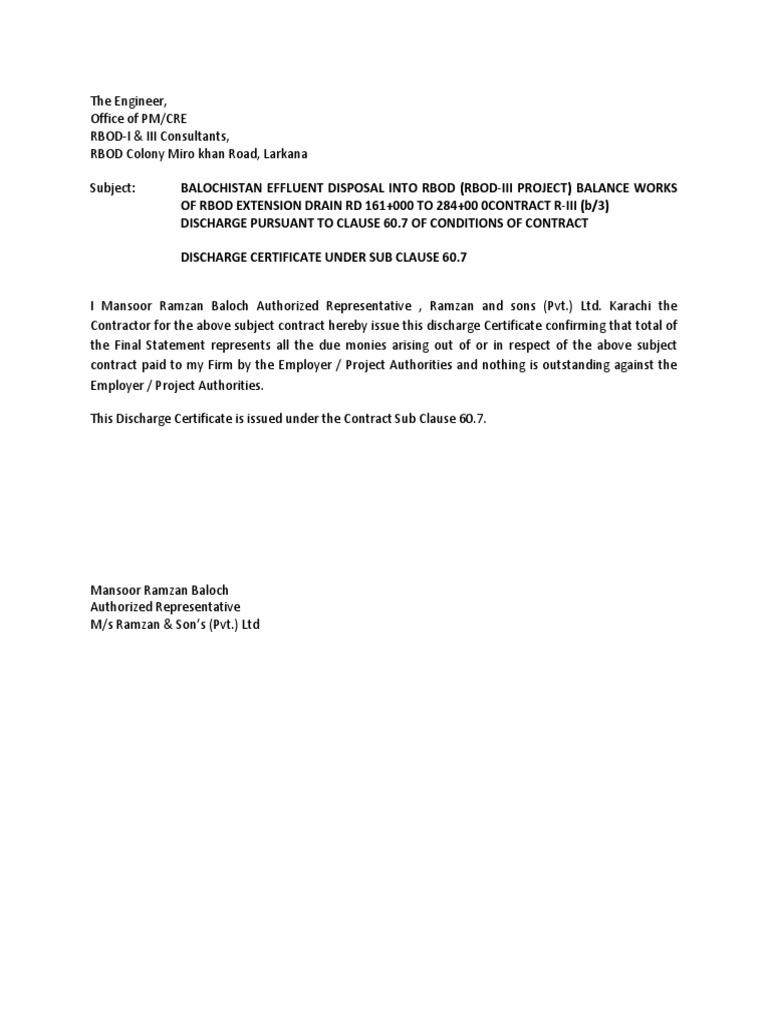 Discharge Certificate Under Clause 60.7 | PDF