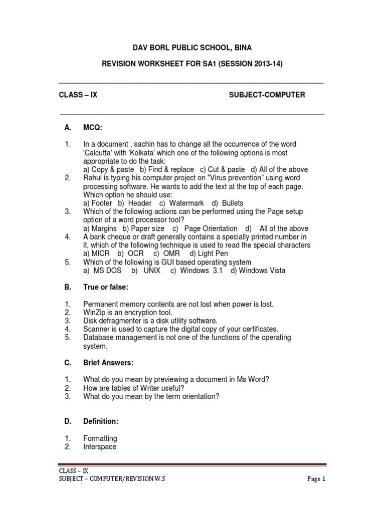 CBSE Class 9 Computer Science Worksheet | PDF